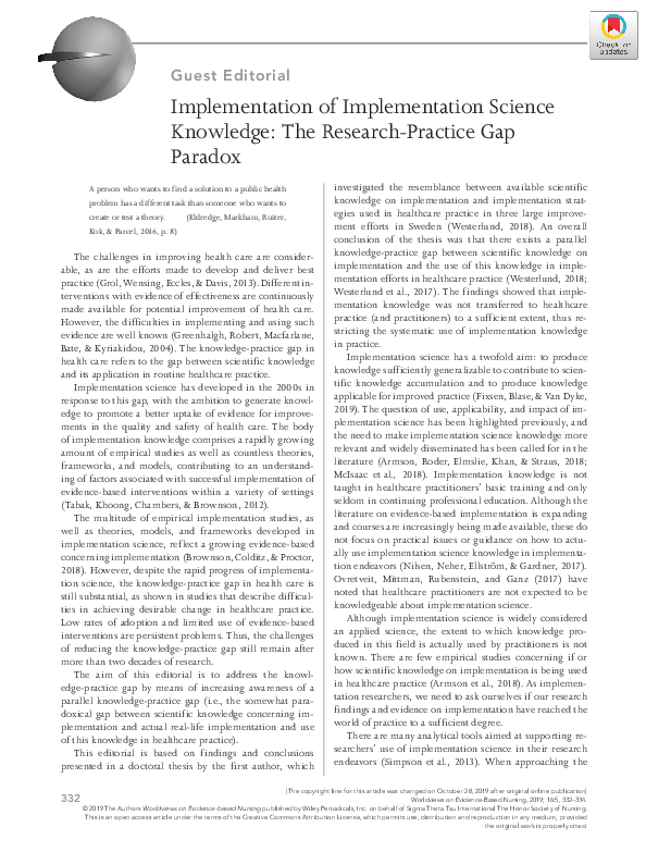 (PDF) Implementation of Implementation Science Knowledge: The Research‐Practice Gap Paradox