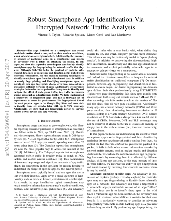 Pdf Robust Smartphone App Identification Via Encrypted Network