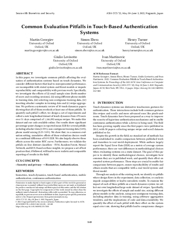 Pdf Common Evaluation Pitfalls In Touch Based Authentication Systems