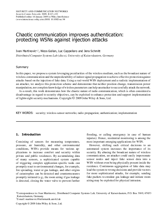 (PDF) Chaotic communication improves authentication: protecting WSNs against injection attacks