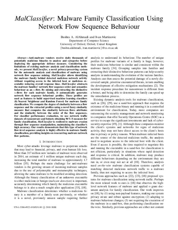 (PDF) MalClassifier: Malware family classification using network flow sequence behaviour