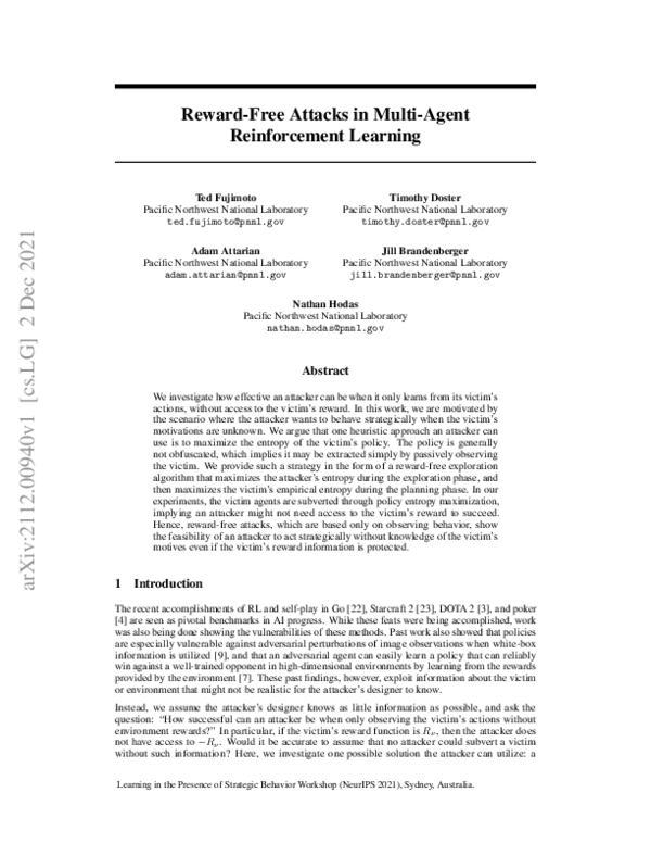 (PDF) Reward-Free Attacks in Multi-Agent Reinforcement Learning