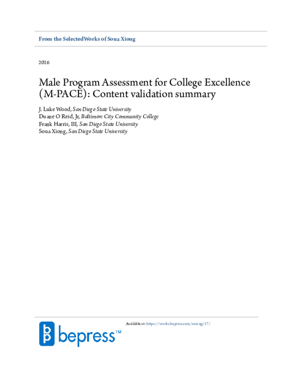 (PDF) Male Program Assessment for College Excellence (M-PACE): Content ...