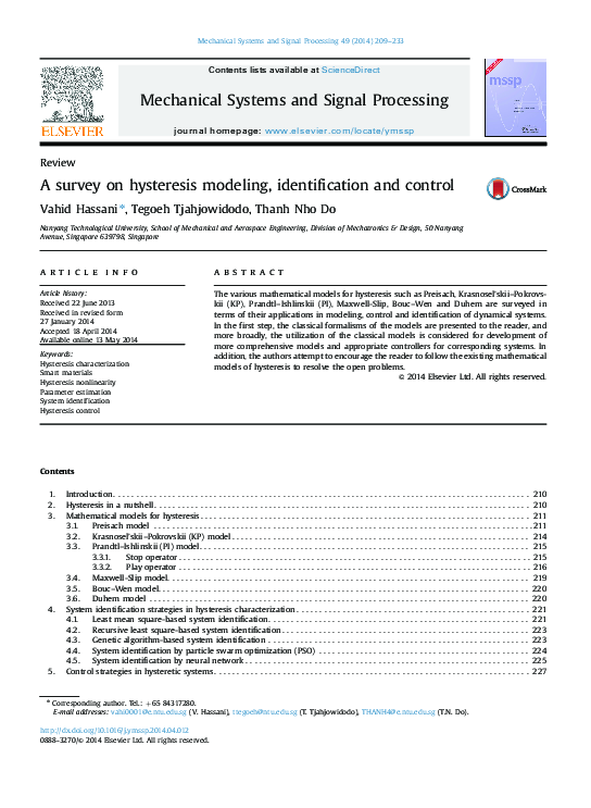 (PDF) A survey on hysteresis modeling, identification and control