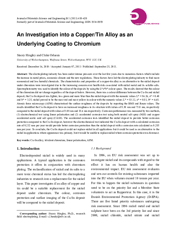 (PDF) An Investigation into a Copper/Tin Alloy as an Underlying Coating to Chromium