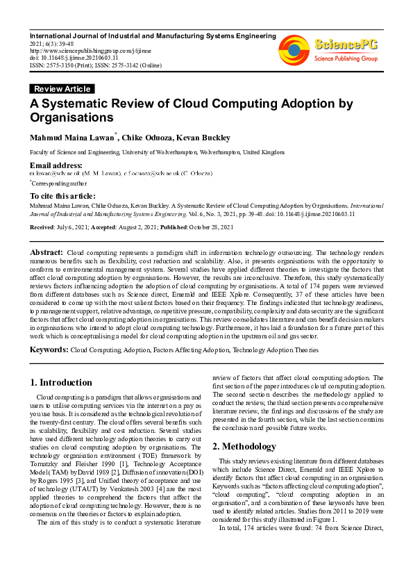 (PDF) A Systematic Review of Cloud Computing Adoption by Organisations