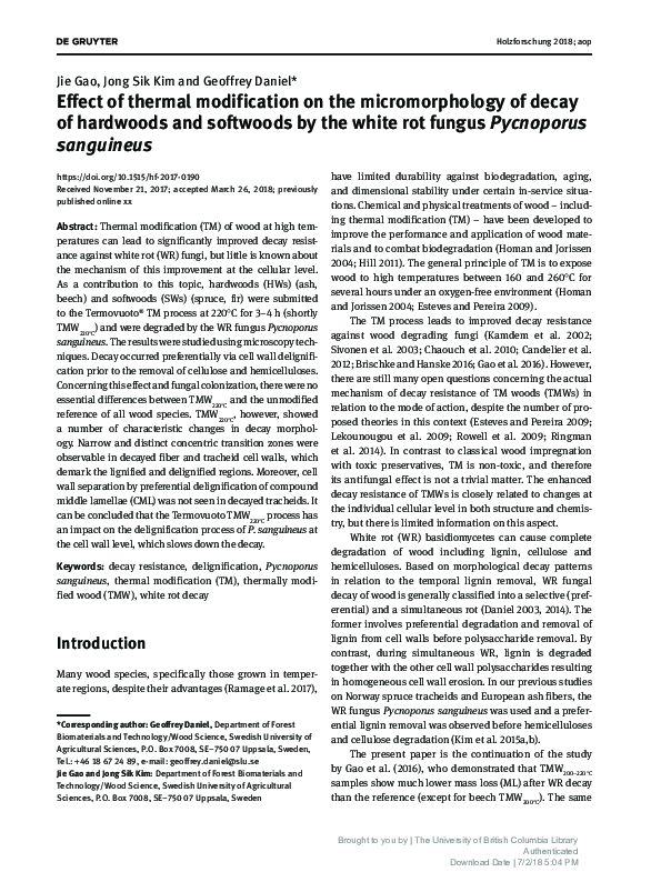 (PDF) Effect of thermal modification on the micromorphology of decay of ...