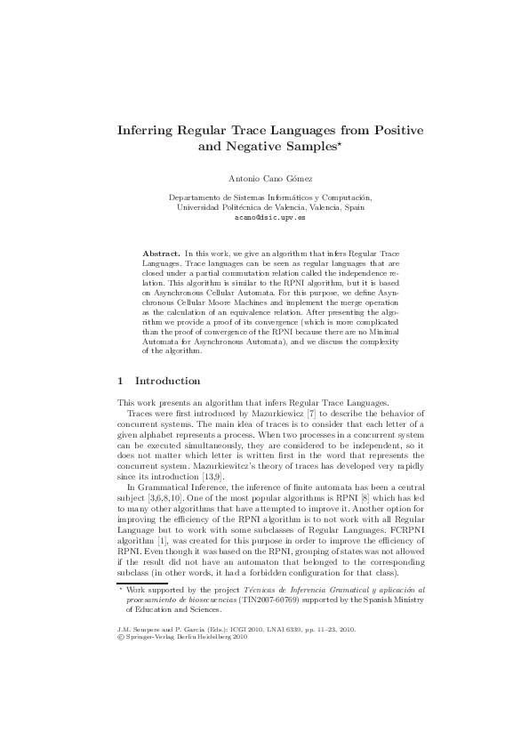 (PDF) Inferring Regular Trace Languages from Positive and Negative Samples