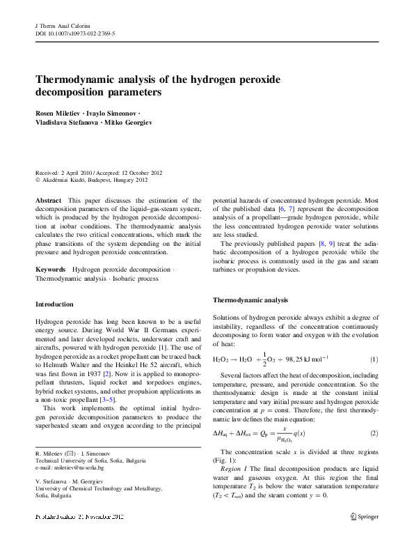 (PDF) Thermodynamic analysis of the hydrogen peroxide decomposition parameters
