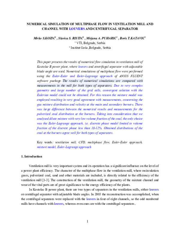 (PDF) Numerical simulation of multiphase flow in ventilation mill and channel with louvers and ...