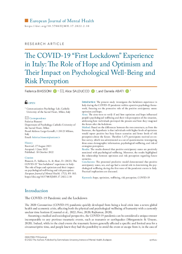 (PDF) The COVID-19 “First Lockdown” Experience in Italy: The Role of ...