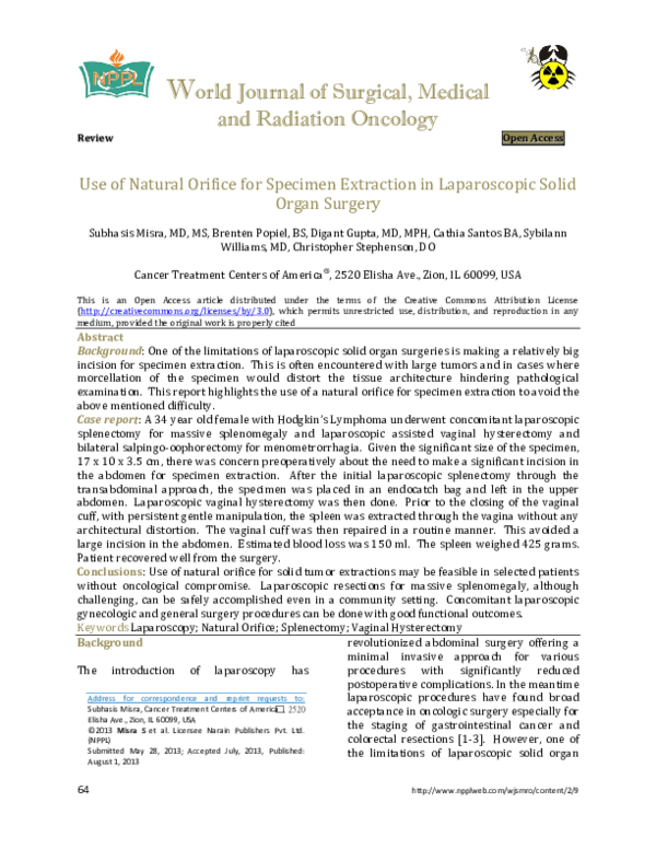 Pdf Use Of Natural Orifice For Specimen Extraction In Laparoscopic