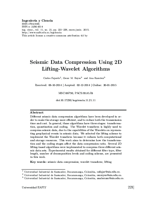 (PDF) Seismic Data Compression Using 2D Lifting-Wavelet Algorithms