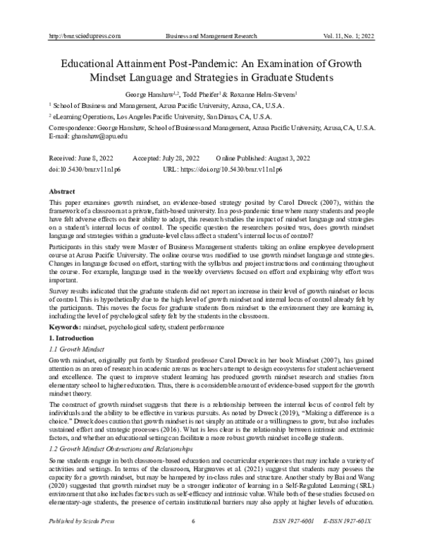 (PDF) Educational Attainment Post-Pandemic: An Examination of Growth Mindset Language and ...