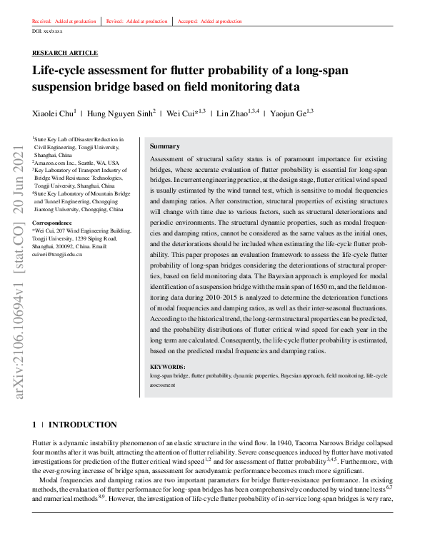 (PDF) Life-cycle assessment for flutter probability of a long-span suspension bridge based on ...