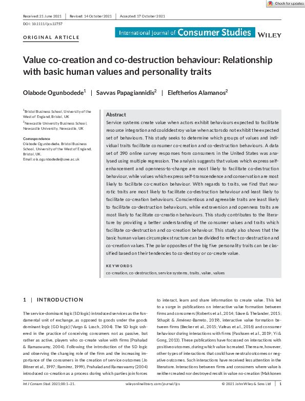 (PDF) Consumer Traits in Value Co-Creation/Destruction