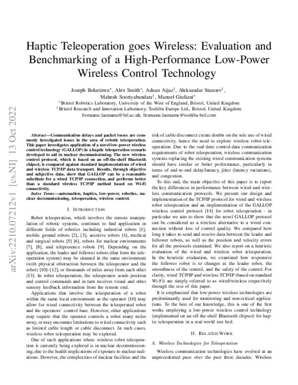 (PDF) Haptic Teleoperation goes Wireless: Evaluation and Benchmarking of a High-Performance Low ...