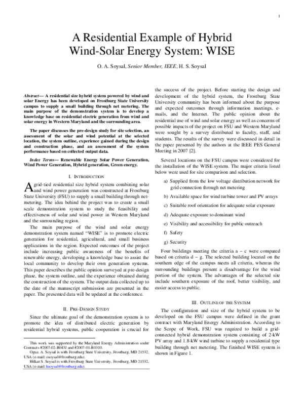 (PDF) A residential example of hybrid wind-solar energy system: WISE