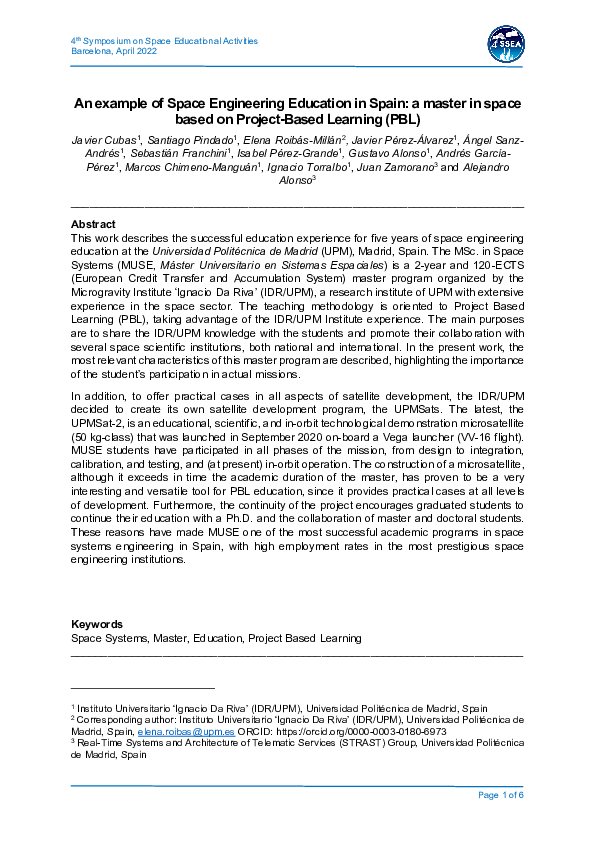 (PDF) An example of Space Engineering Education in Spain: a master in ...