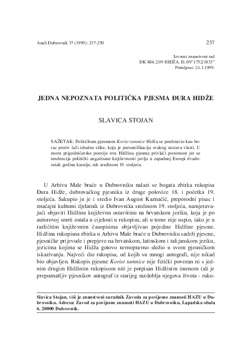 (PDF) A Recently Discovered Political Poem by Đuro Hidža