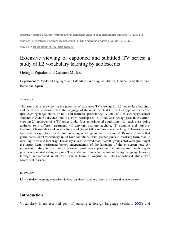 (PDF) Extensive viewing of captioned and subtitled TV series: a study of L2 vocabulary learning ...