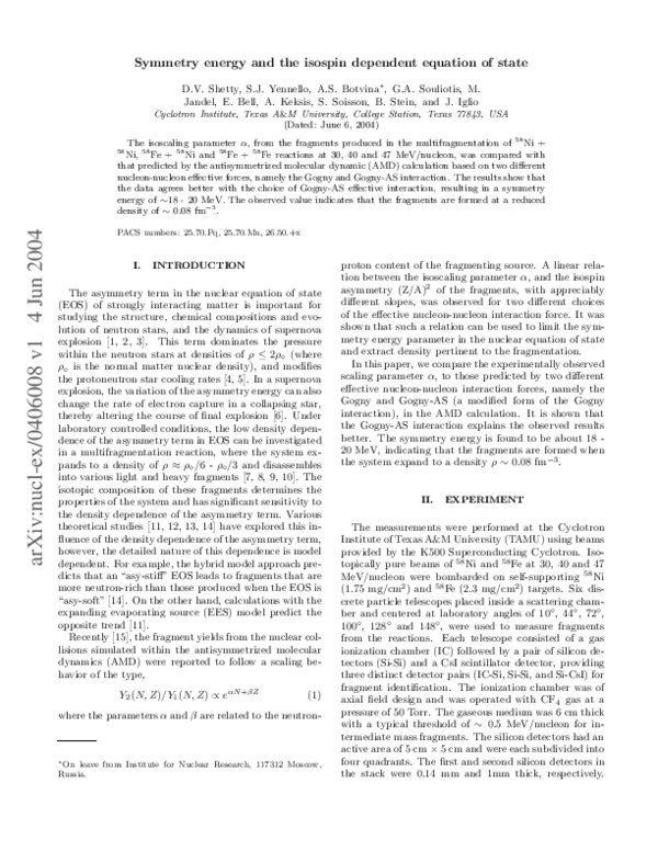 (PDF) Symmetry energy and the isospin dependent equation of state