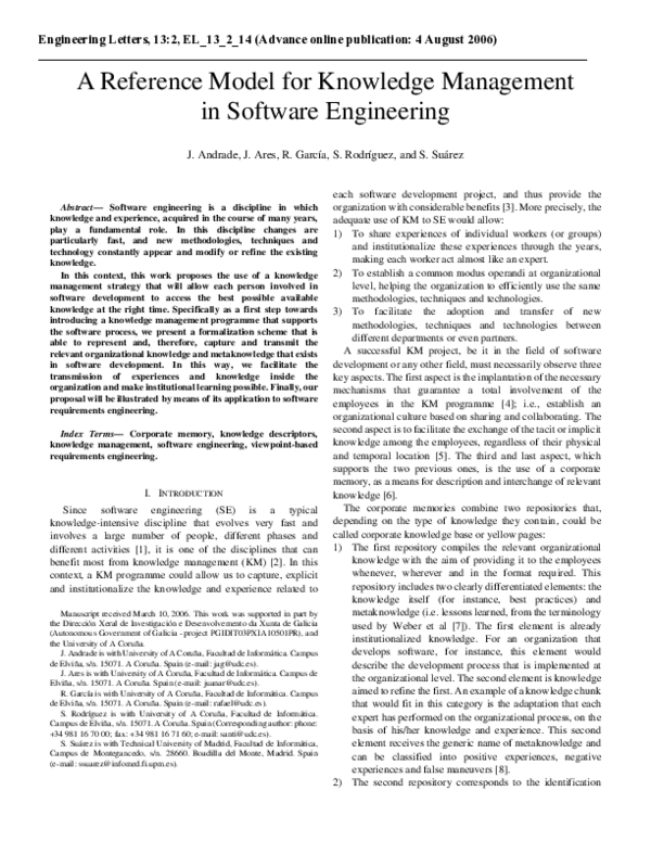 (PDF) A Reference Model for Knowledge Management in Software Engineering