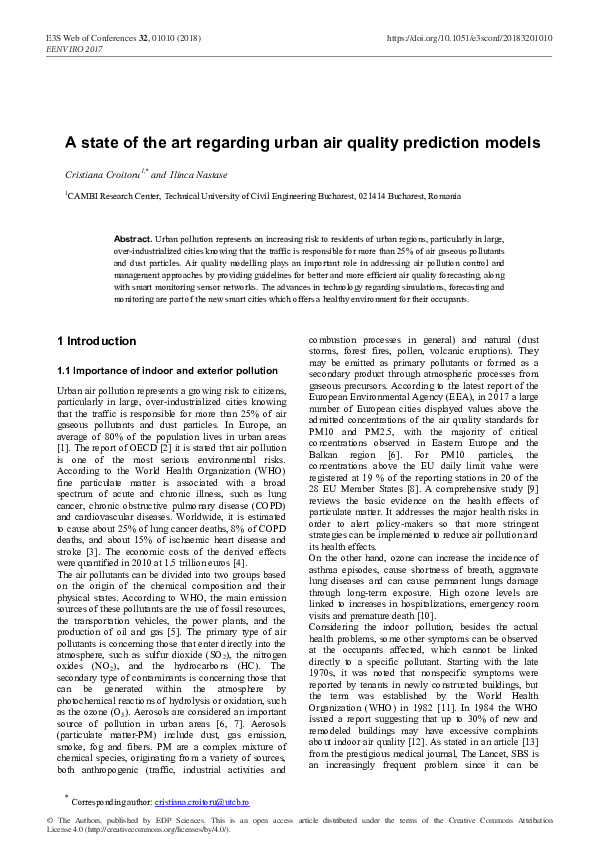 Pdf A State Of The Art Regarding Urban Air Quality Prediction Models