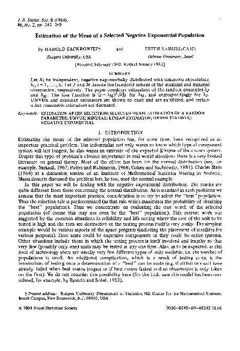 Pdf Estimation Of The Mean Of A Selected Negative Exponential Population