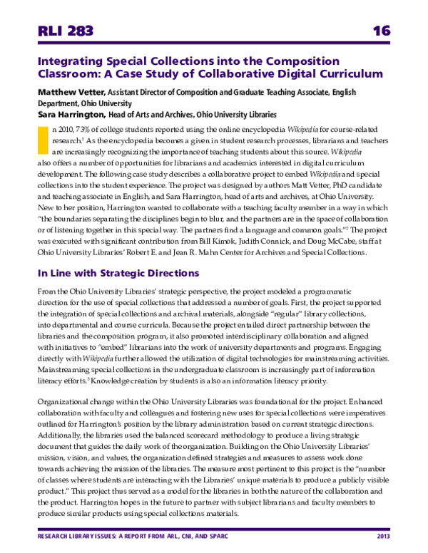 (PDF) Integrating Special Collections into the Composition Classroom: A ...