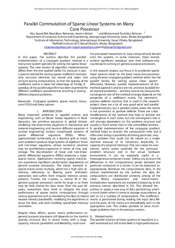 Pdf Parallel Commutation Of Sparse Linear Systems On Many Core Processor Jesmin Akhter