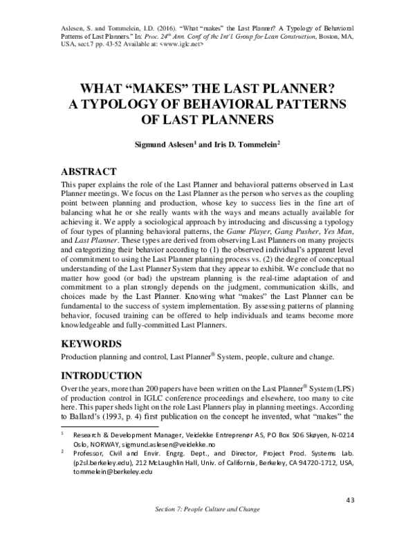 (PDF) What “Makes” the Last Planner? A Typology of Behavioral Patterns ...