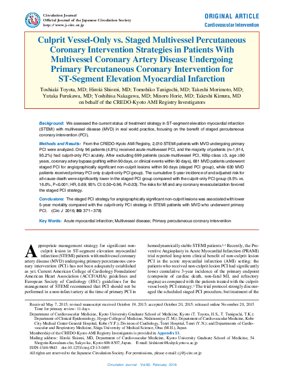 (PDF) Culprit Vessel-Only vs. Staged Multivessel Percutaneous Coronary ...