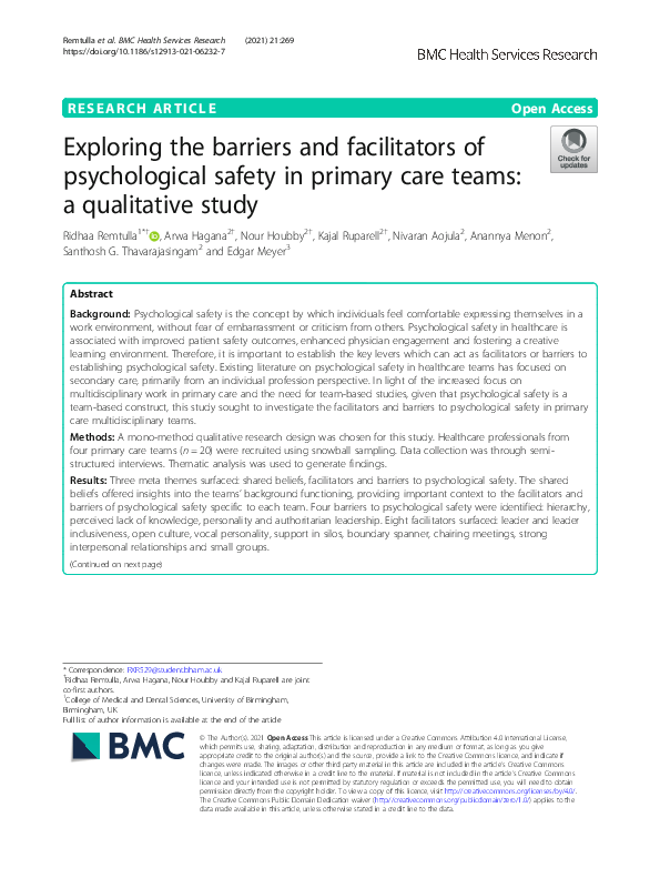 (PDF) Exploring the barriers and facilitators of psychological safety in primary care teams: a ...