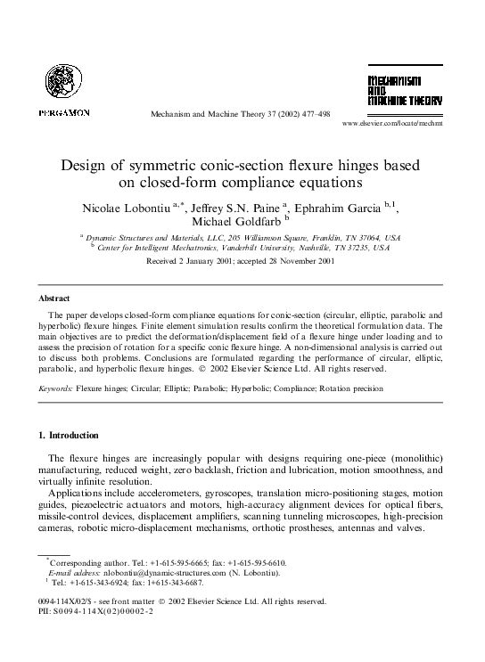Design Of Symmetric Conic Section Flexure Hinges Based On Closed Form