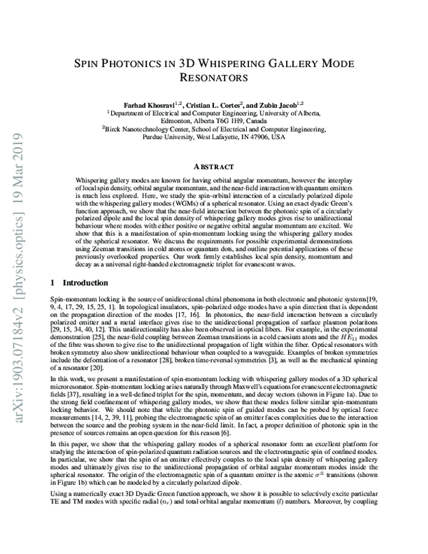 (PDF) Spin photonics in 3D whispering gallery mode resonators