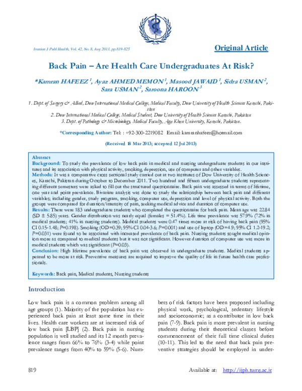 (PDF) Back Pain - Are Health Care Undergraduates At Risk? | Sidra Usman ...