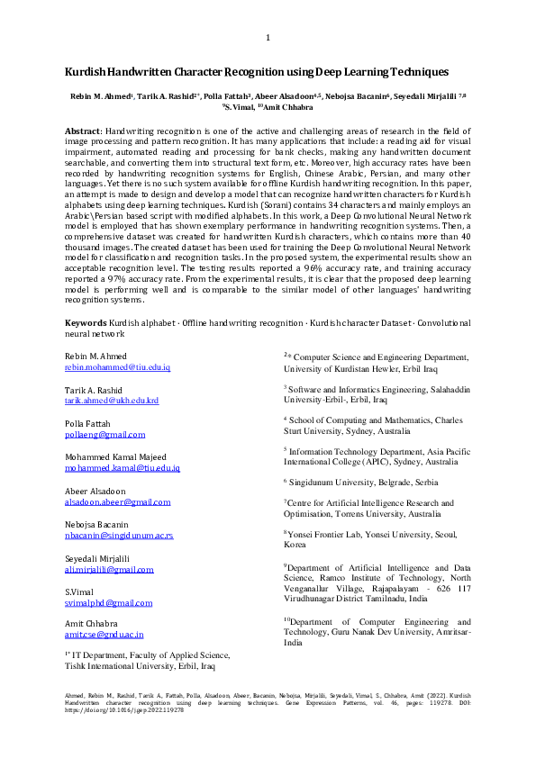 (PDF) Kurdish Handwritten character recognition using deep learning ... (PDF) Kurdish Handwritten character recognition using deep learning ...