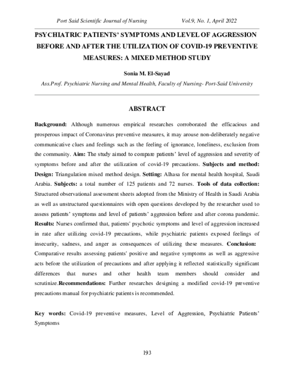 (PDF) Psychiatric Patients’ Symptoms and Level of Aggression Before and ...