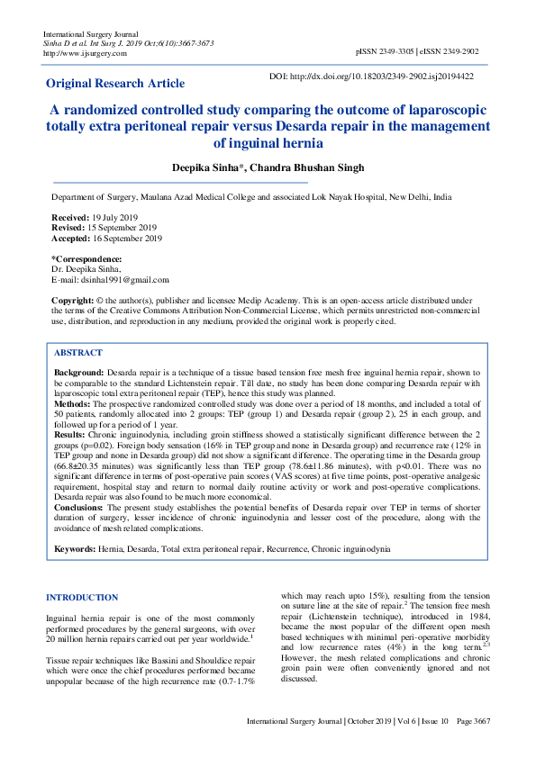 (PDF) A randomized controlled study comparing the outcome of laparoscopic totally extra ...