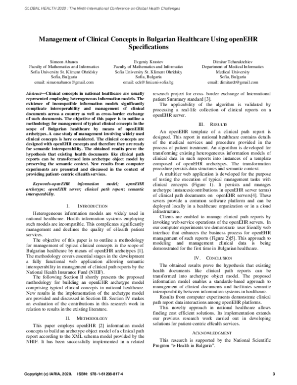 (PDF) Management of Clinical Concepts in Bulgarian Healthcare Using openEHR Specifications
