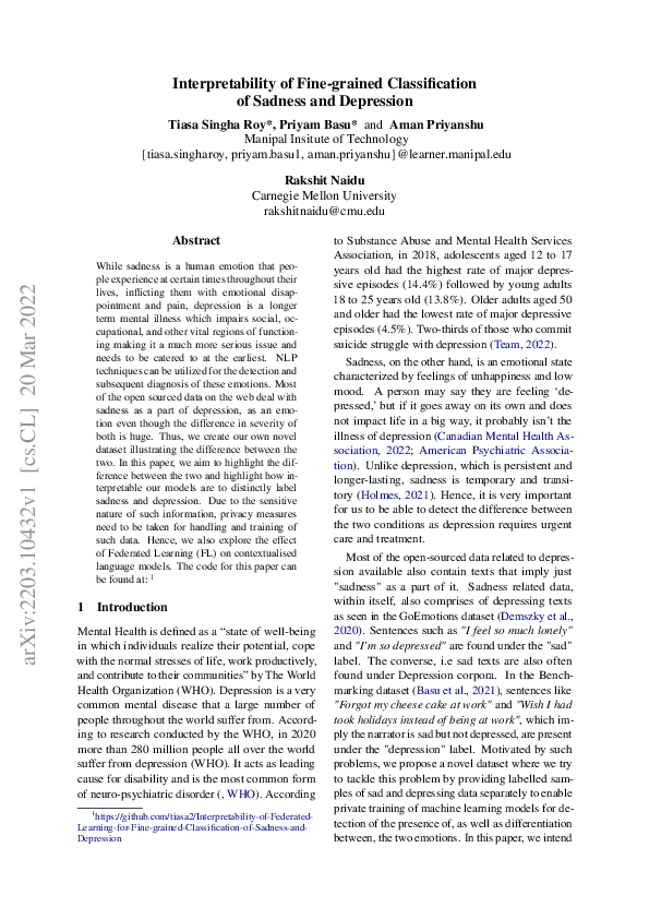 (PDF) Interpretability of Fine-grained Classification of Sadness and Depression