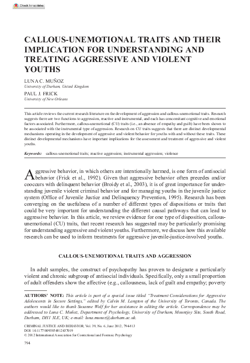 (PDF) Callous-Unemotional Traits and Their Implication for ...