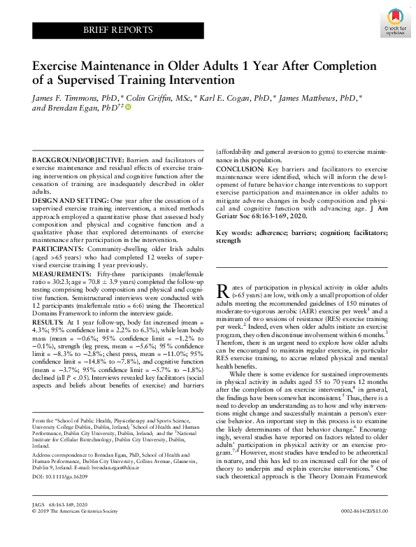 (PDF) Exercise Maintenance in Older Adults 1 Year After Completion of a ...