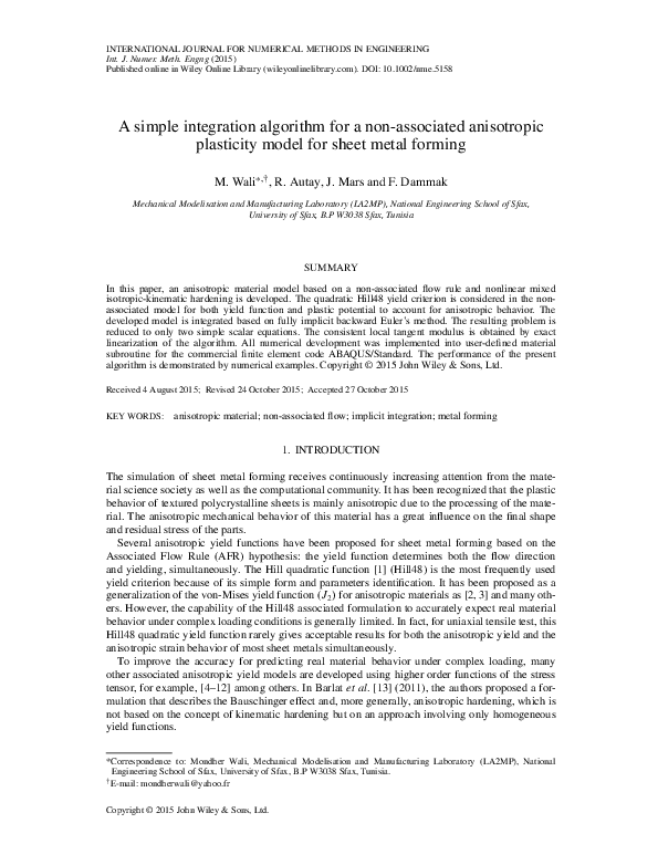 Pdf A Simple Integration Algorithm For A Non Associated Anisotropic Plasticity Model For Sheet