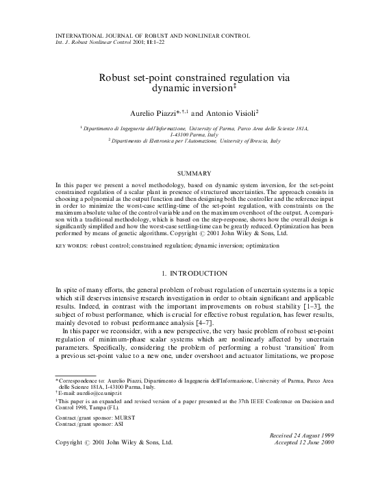 (PDF) Robust set-point constrained regulation via dynamic inversion