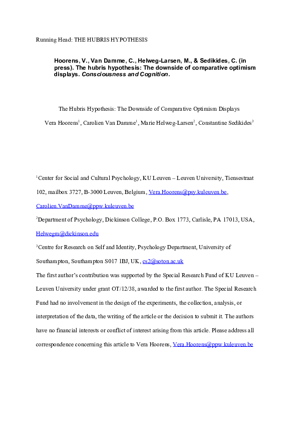 (DOC) The hubris hypothesis: The downside of comparative optimism displays