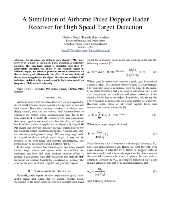 Pdf A Simulation Of Airborne Pulse Doppler Radar Receiver For High Speed Target Detection 