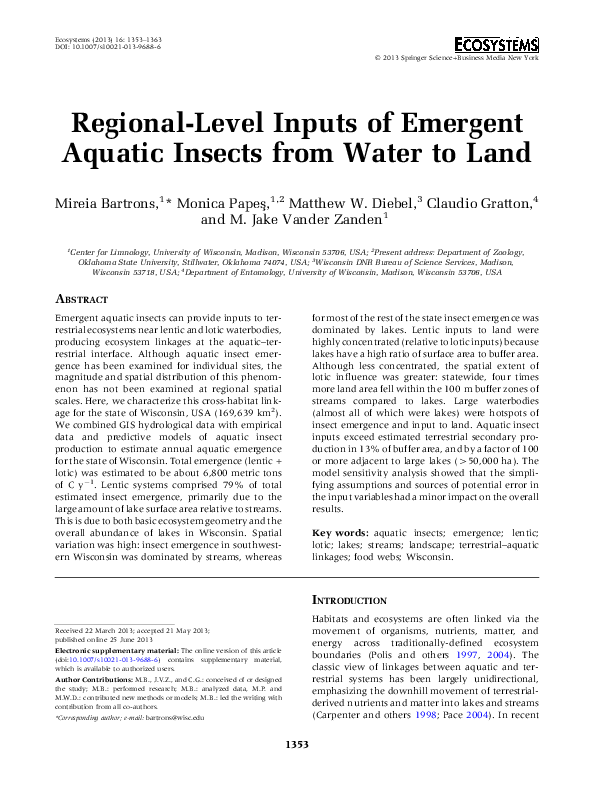 (PDF) Regional-Level Inputs of Emergent Aquatic Insects from Water to Land