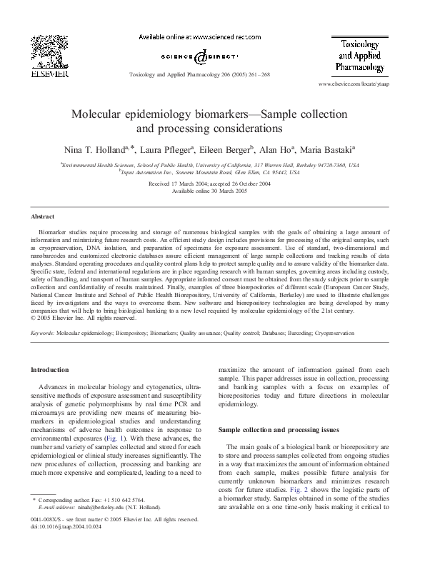 (PDF) Molecular epidemiology biomarkers—Sample collection and ...